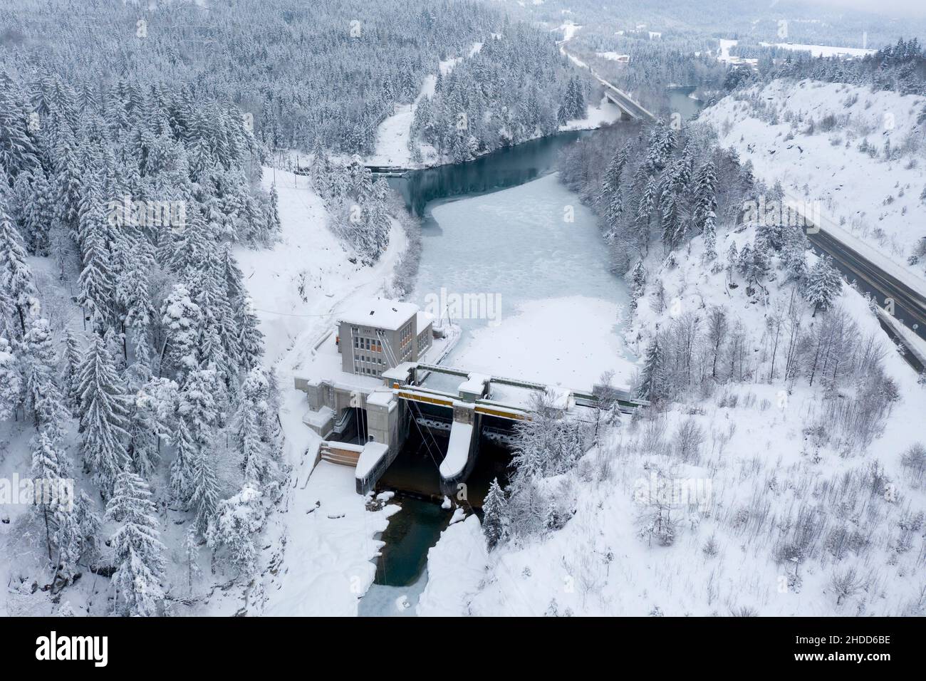 Hydroelectric power station with weir system on the Lech river on the ...