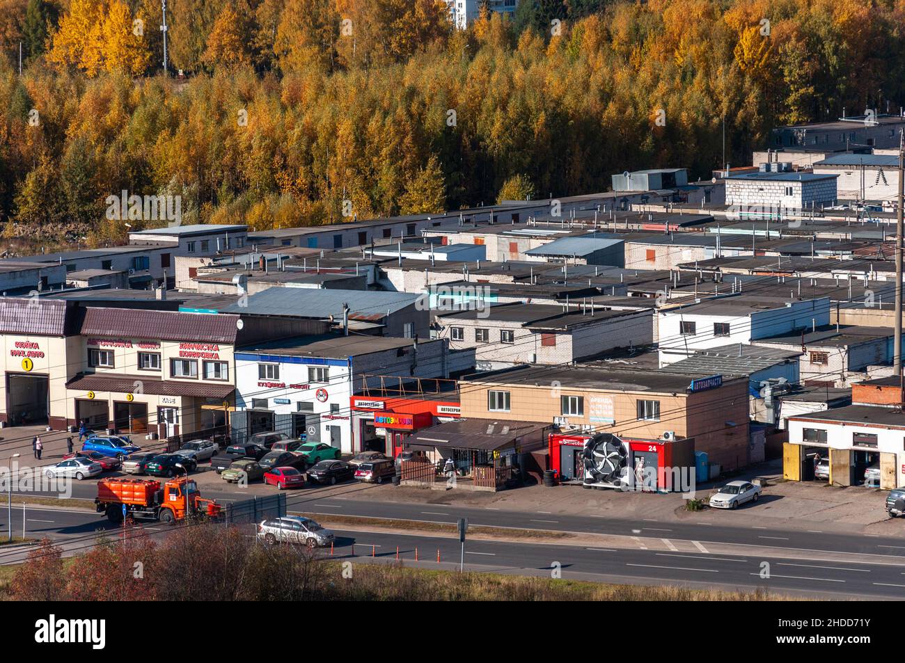 Moscow, Russia - Oct 5. 2021. garages and high-rise residential ...