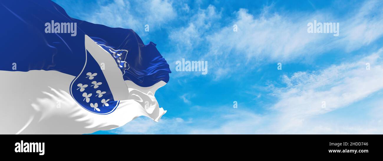 flag of Kassel at cloudy sky background on sunset, panoramic view ...