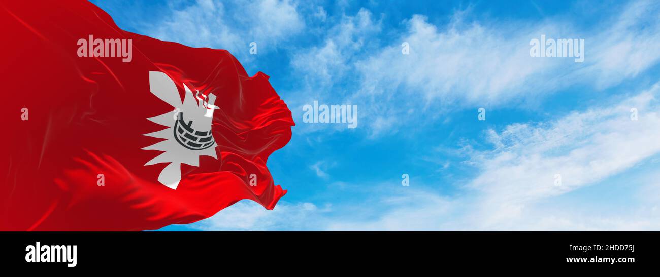 flag of Kiel at cloudy sky background on sunset, panoramic view ...