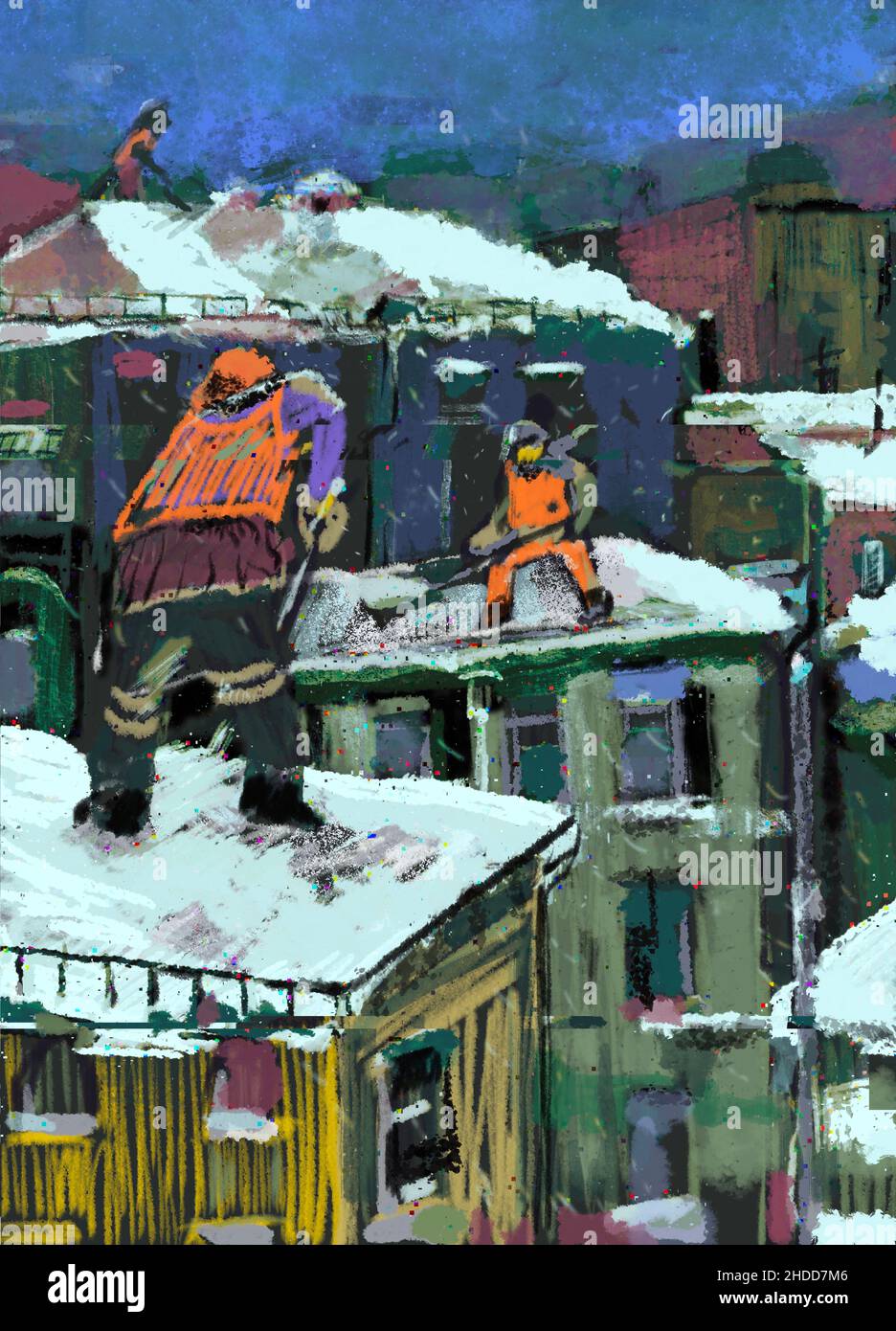 illustration of workers removing snow from rooftops, vertical ...
