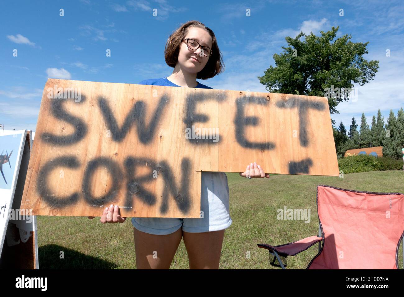 Teen holding a sign for selling sweet corn at her curbside produce ...