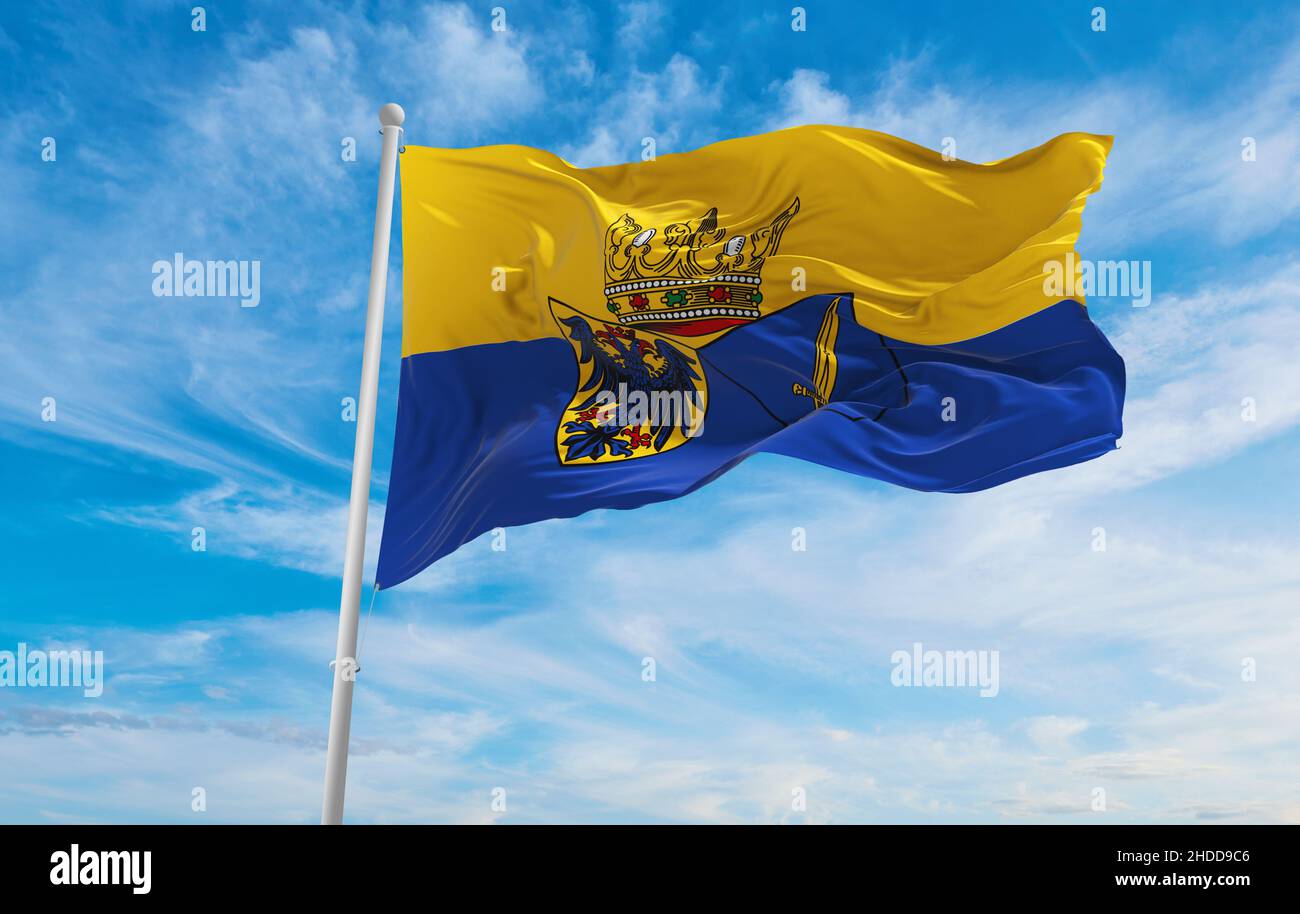 flag of Essen at cloudy sky background on sunset, panoramic view ...