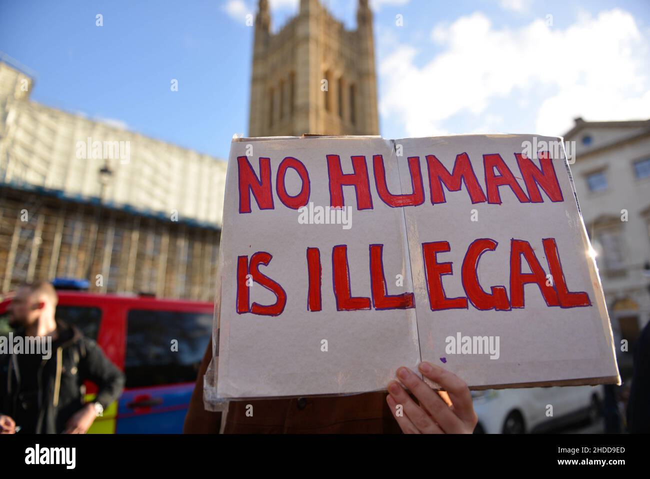 London, UK. 05th Jan, 2022. A protester holds a placard saying No Human ...