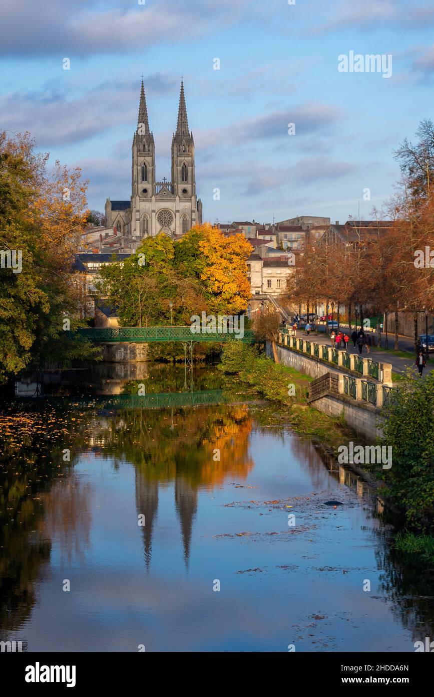 View of a church in Niort city in France, with a clear reflection on ...
