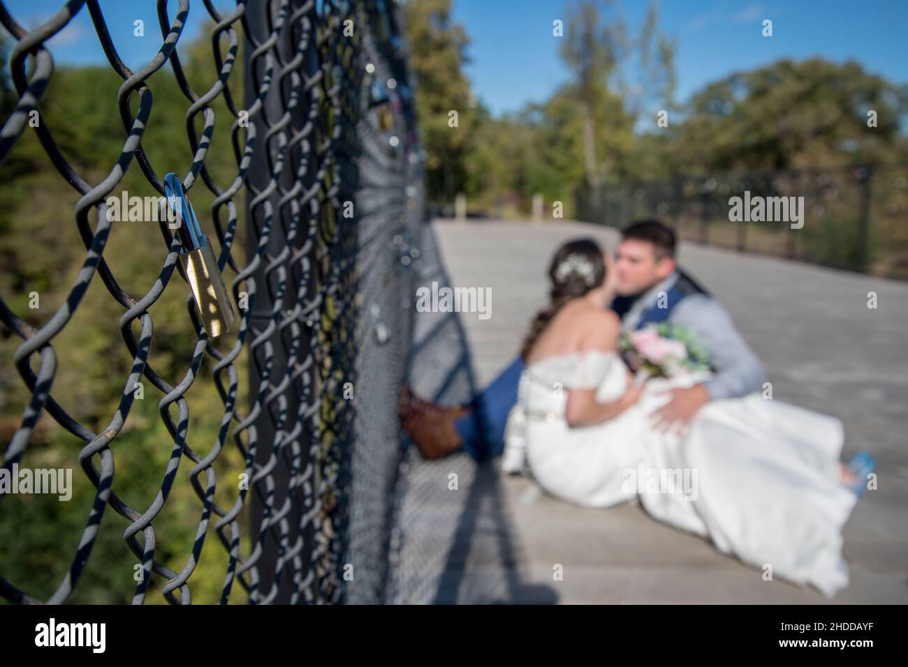 Minnesota, USA. Wedding couple kissing on the bridge after putting a ...