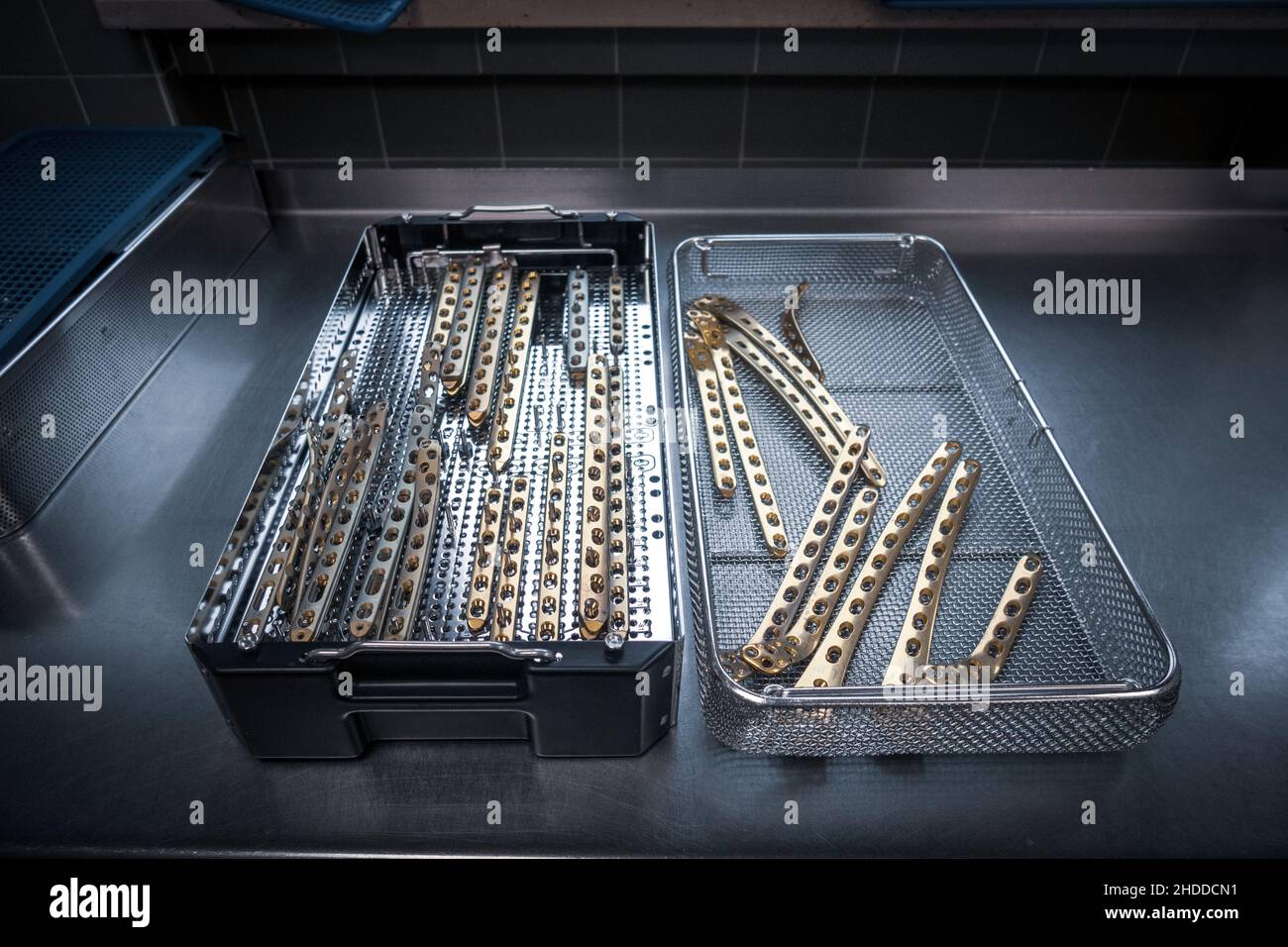 gold-colored titanium plates for the treatment of femoral fractures are ...