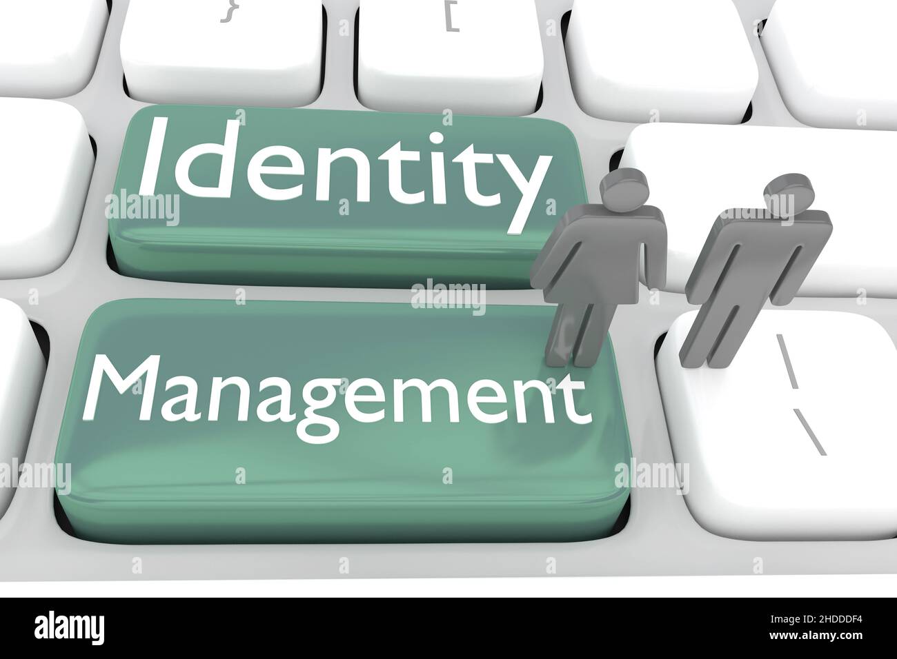 3D illustration of computer keyboard with the script Identity Management on two adjacent buttons ...
