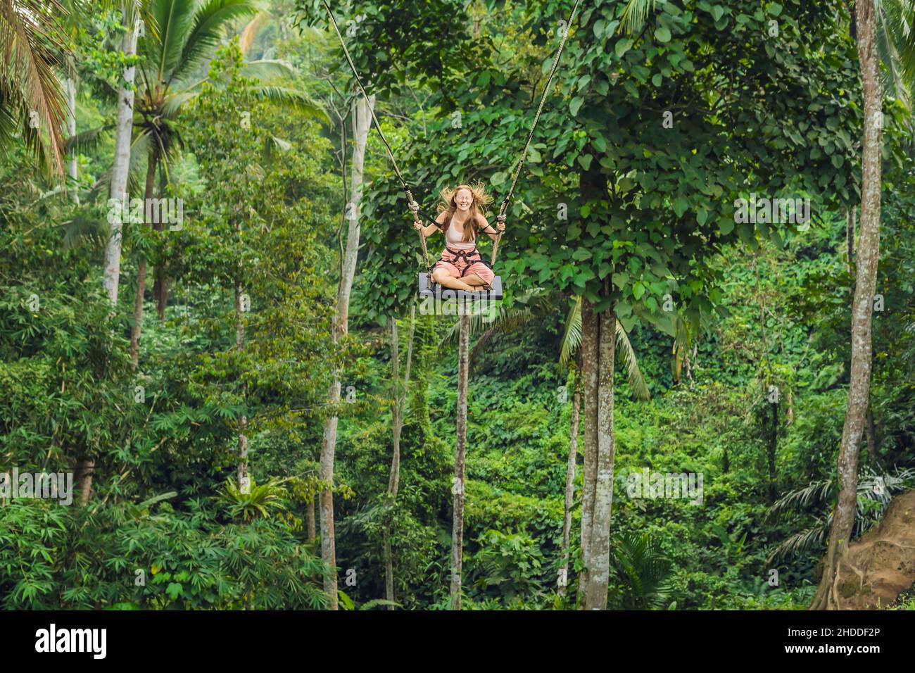 Young tourist woman on the swing in the jungle rainforest of a tropical ...