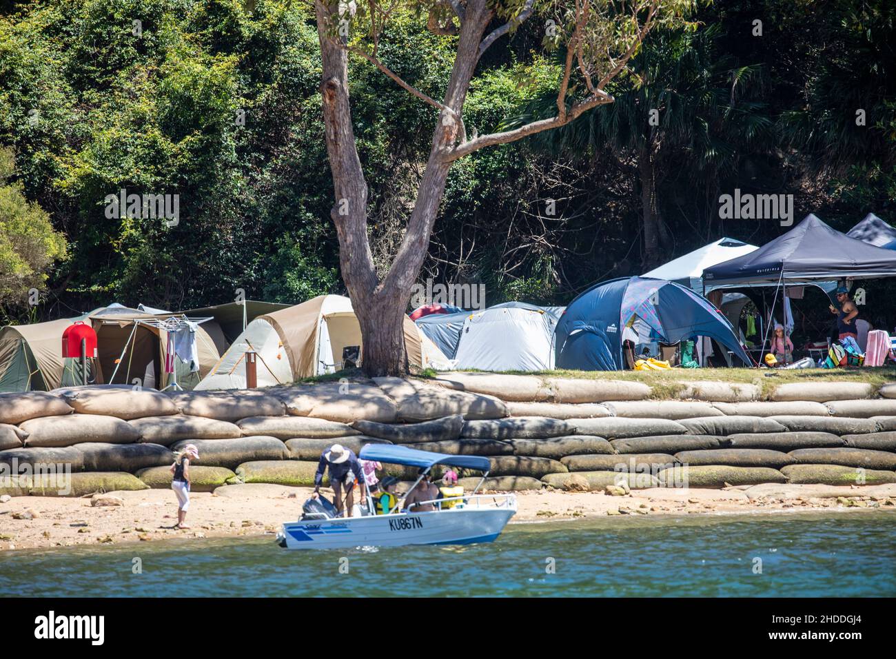 Campsite tents at the Basin in Pittwater, Sydney,Australia Stock Photo ...