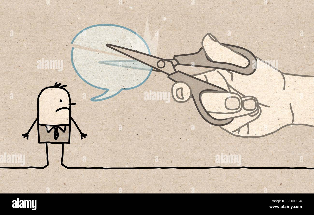 Hand drawn big Hand, cutting off the Speech of a Cartoon Man Stock ...