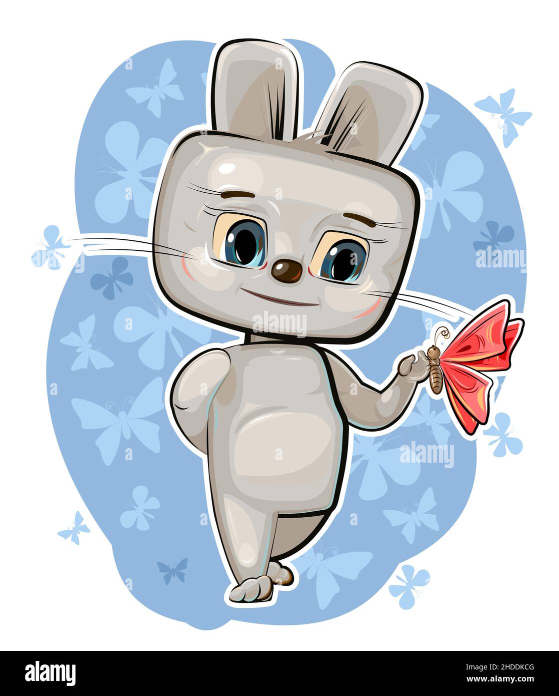 Baby Hare is friends with a butterfly. Funny comic little rabbit animal ...