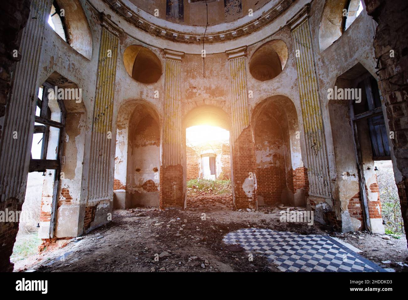 Inside the old ruined red brick church in gothic style Stock Photo - Alamy