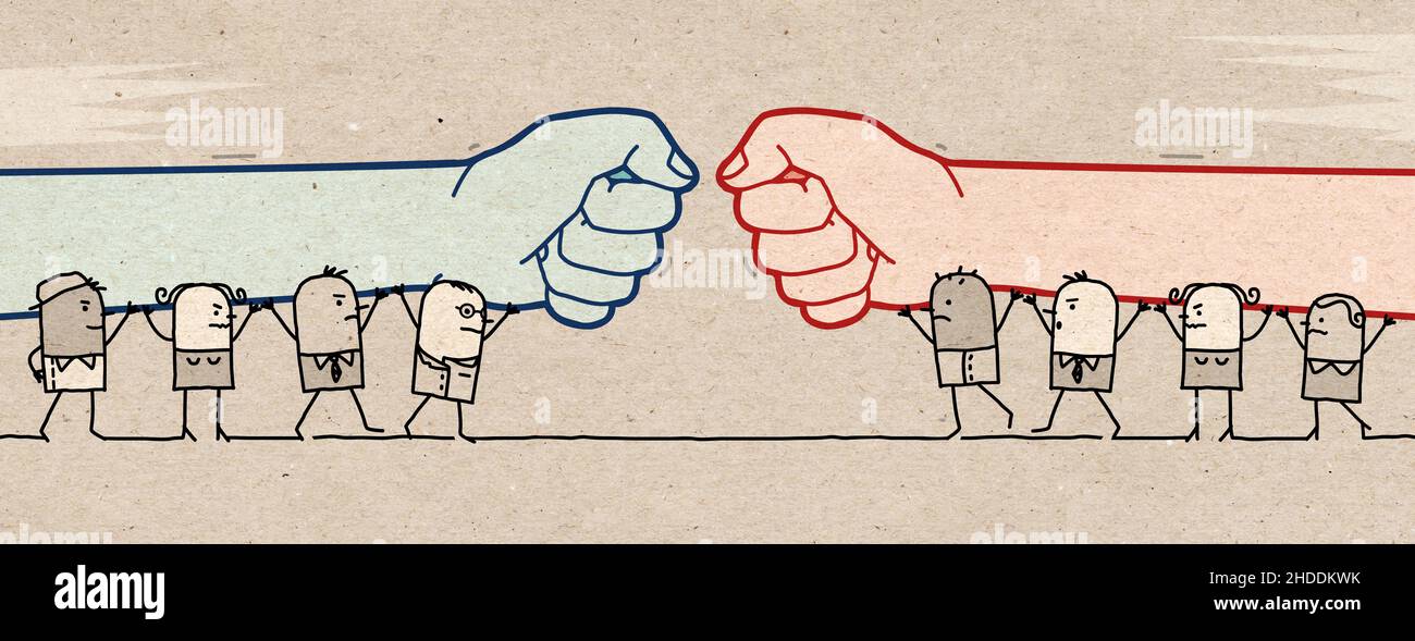 Hand drawn Cartoon Red Team People Against Blue Team People Stock Photo ...