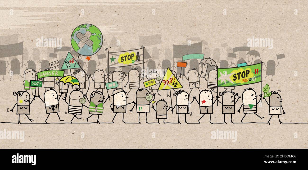 Hand drawn Cartoon Protesting and Walking group of People - Ecological ...