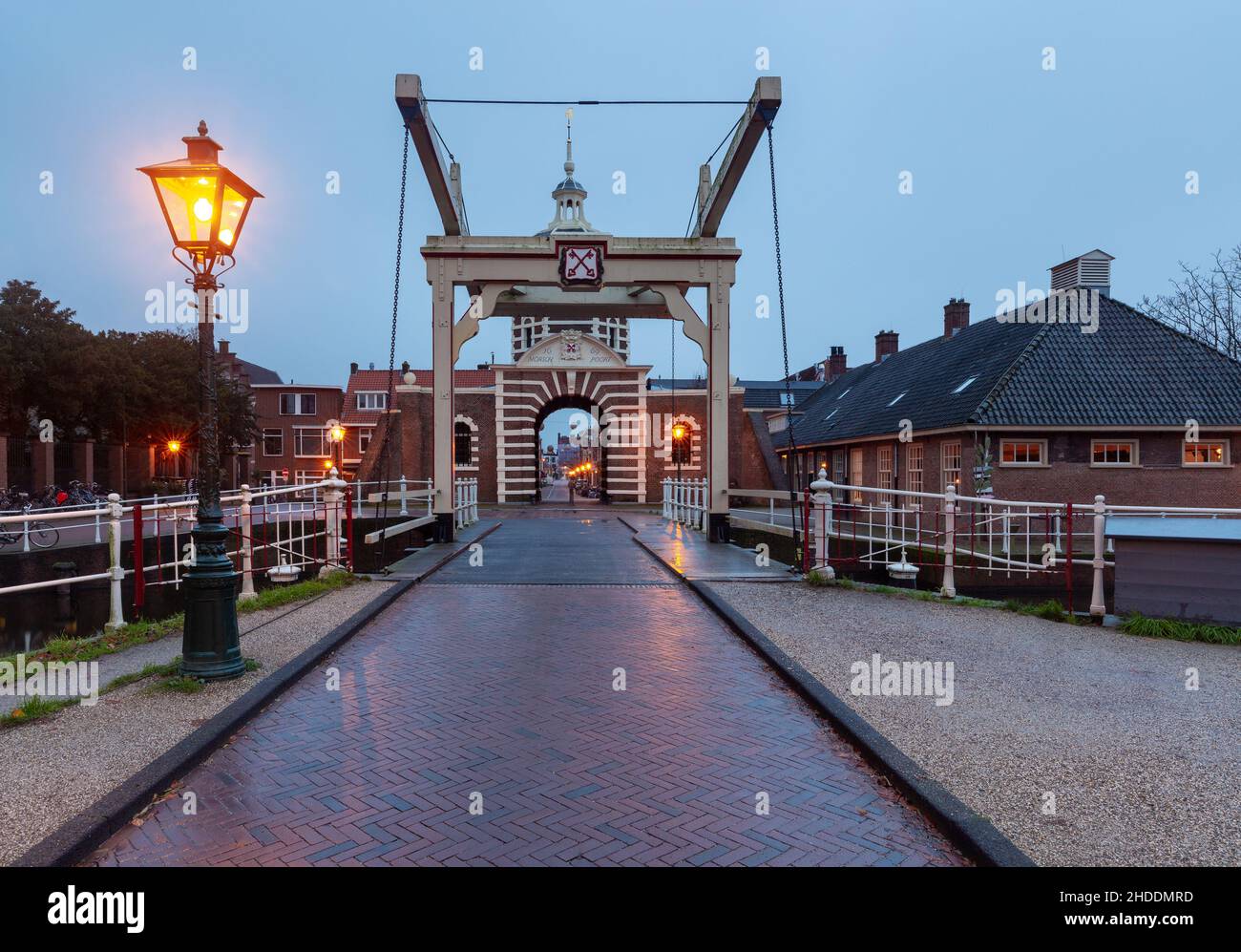 The old western city gate of Morsport at night. Leiden. Netherlands ...