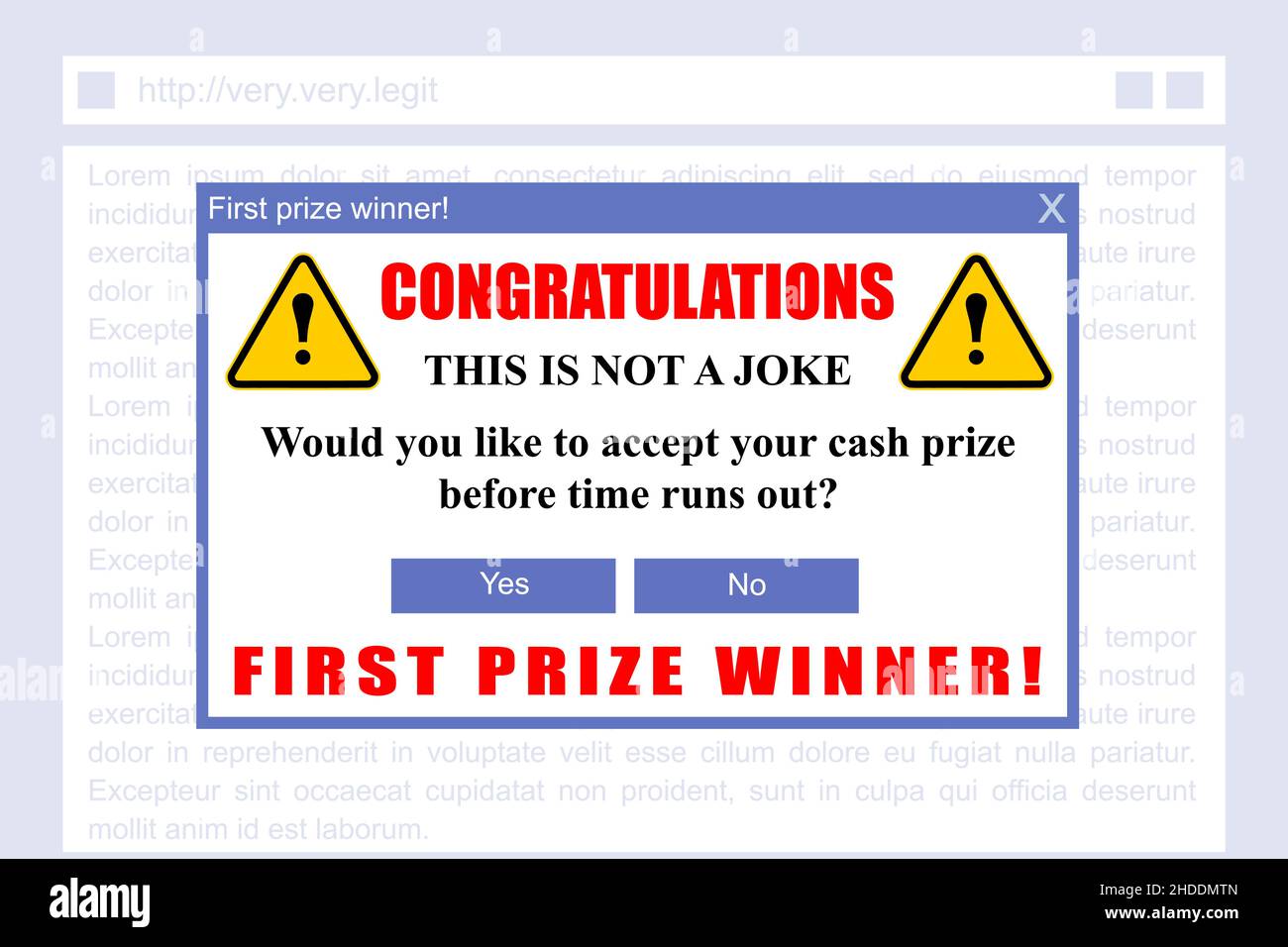 Internet scam. Phishing attempt - fake cash prize winner popup banner ...