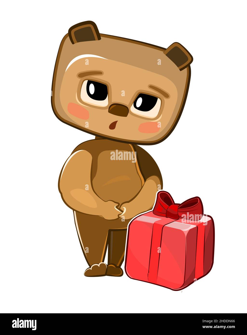 Bear received a gift. Red box with ribbon and bow. He is embarrassed to ...