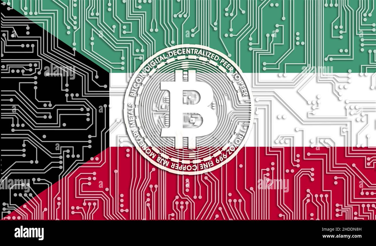 flag of Kuwait and bitcoin, Integrated Circuit Board pattern. Bitcoin ...