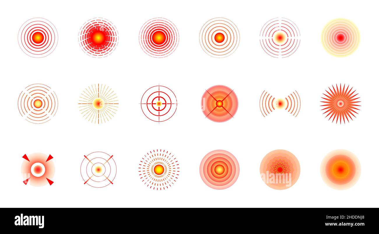 Pain localization red circle mark set. Aching place abstract sign. Sore ...