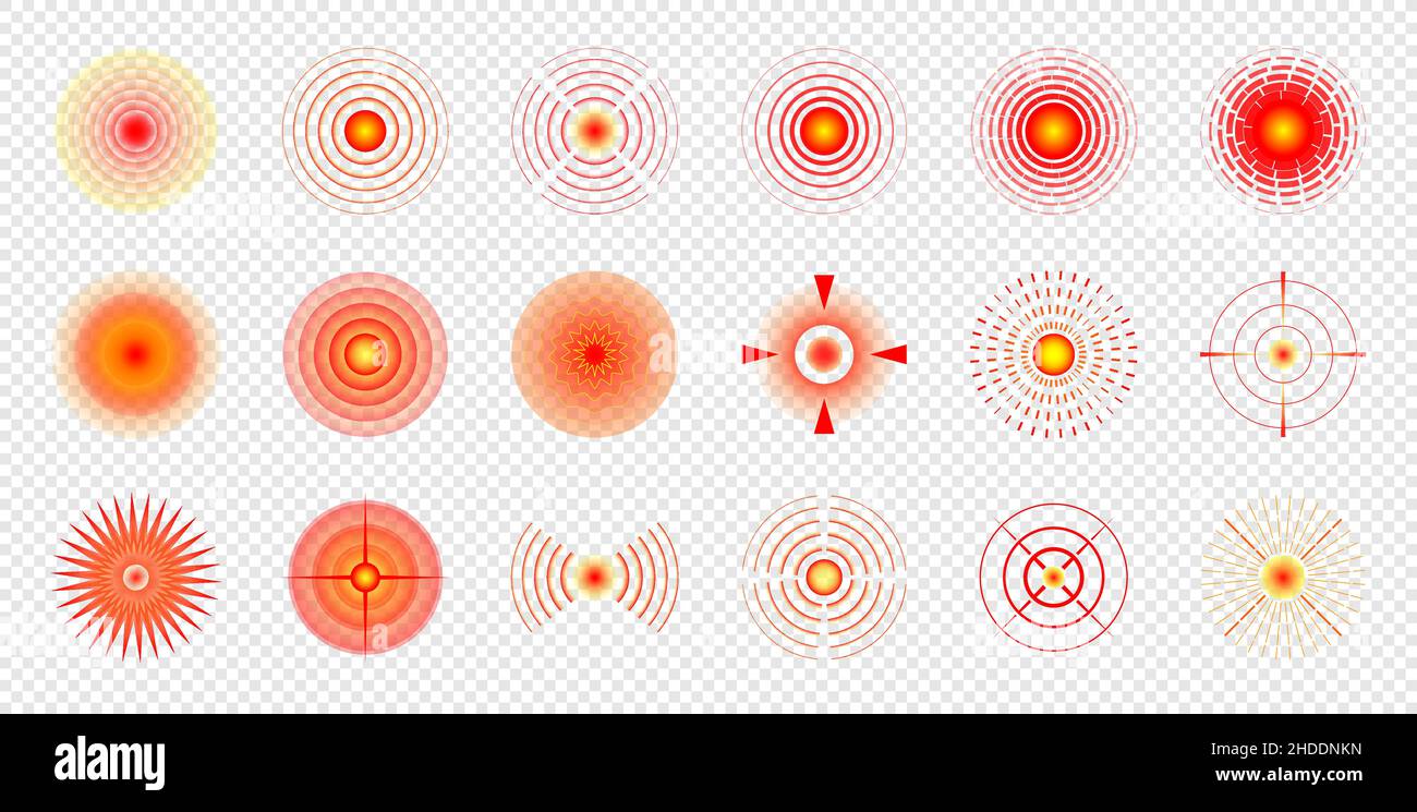Pain localization red circle mark set. Aching place abstract symbol ...