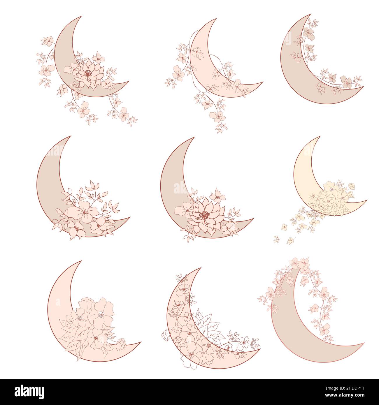 Mystic boho set of elegant moon, flower in line art. magic symbol ...