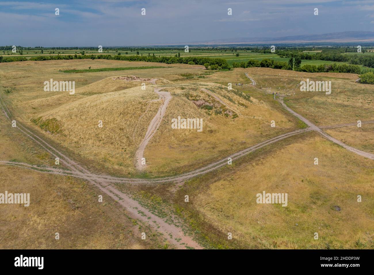 Aerial view of ancient Balasagun citadel remnants from the Burana tower ...
