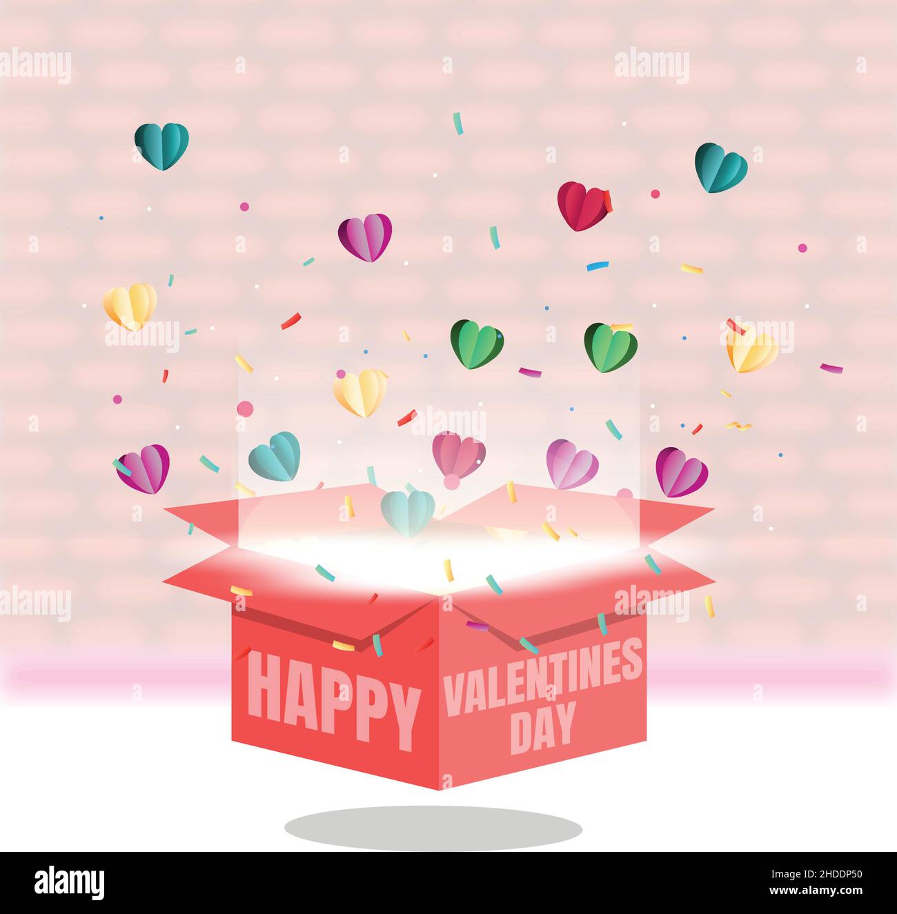 Open gift box with isolated hearts in white. Flying heart with confetti ...