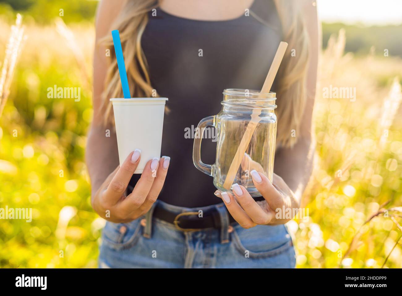 Zero waste concept. Use a plastic glass and plastic straw or mason jar ...