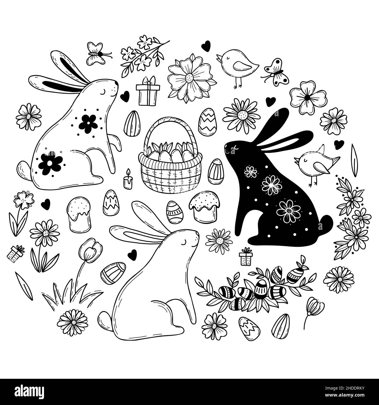 Great Easter set. Cute Easter bunnies, Easter basket with eggs and ...