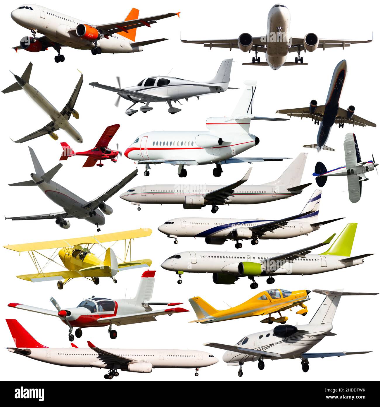 Different sports and passenger aircrafts on white background Stock ...