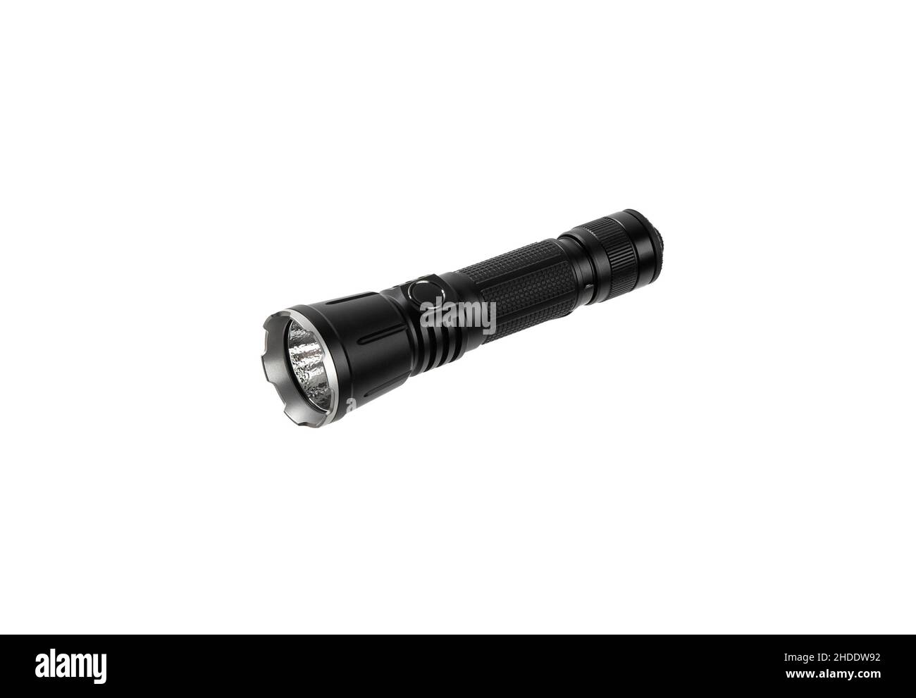 Modern metal LED flashlight. Portable lighting device. Isolate on a ...