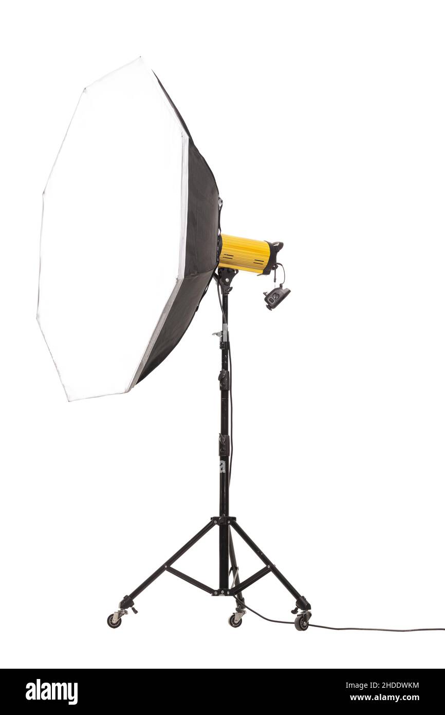 Flash light with octagonal octagon softbox on stand with wheels. Studio ...