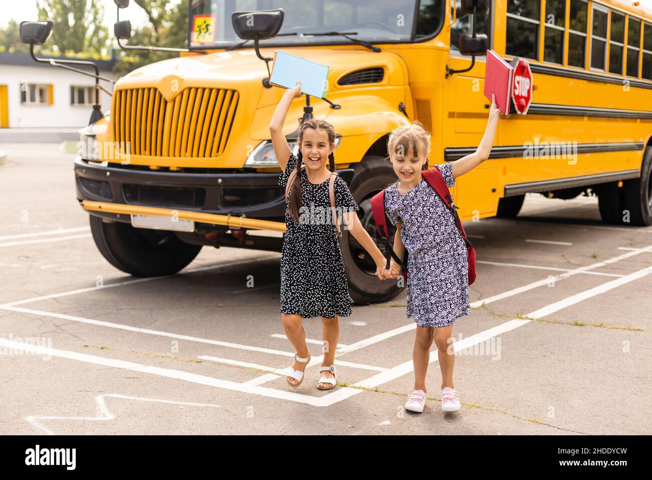Child running school bus hi-res stock photography and images - Alamy