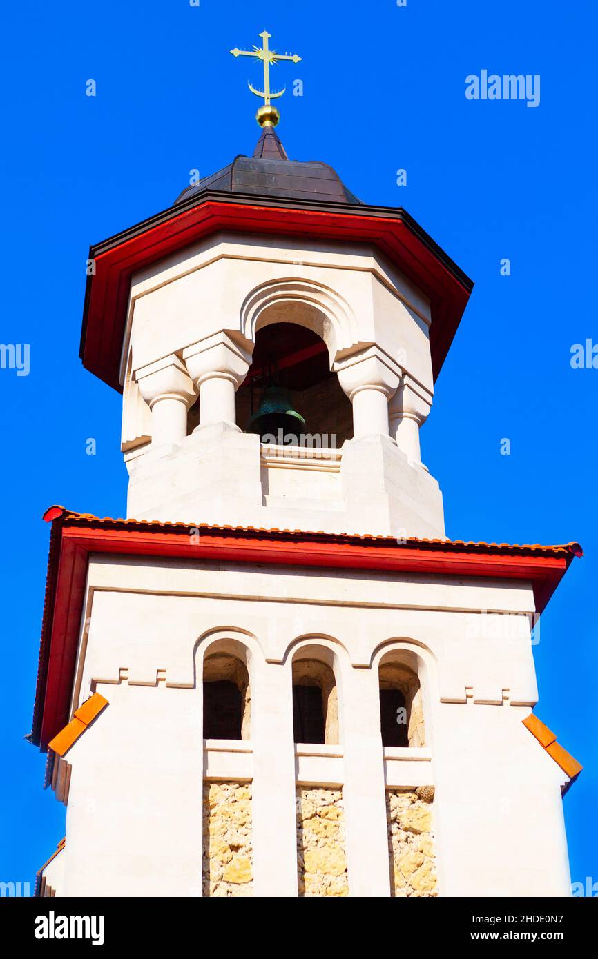 Church belfry with cross . Bell tower with dome . Religious cross on ...