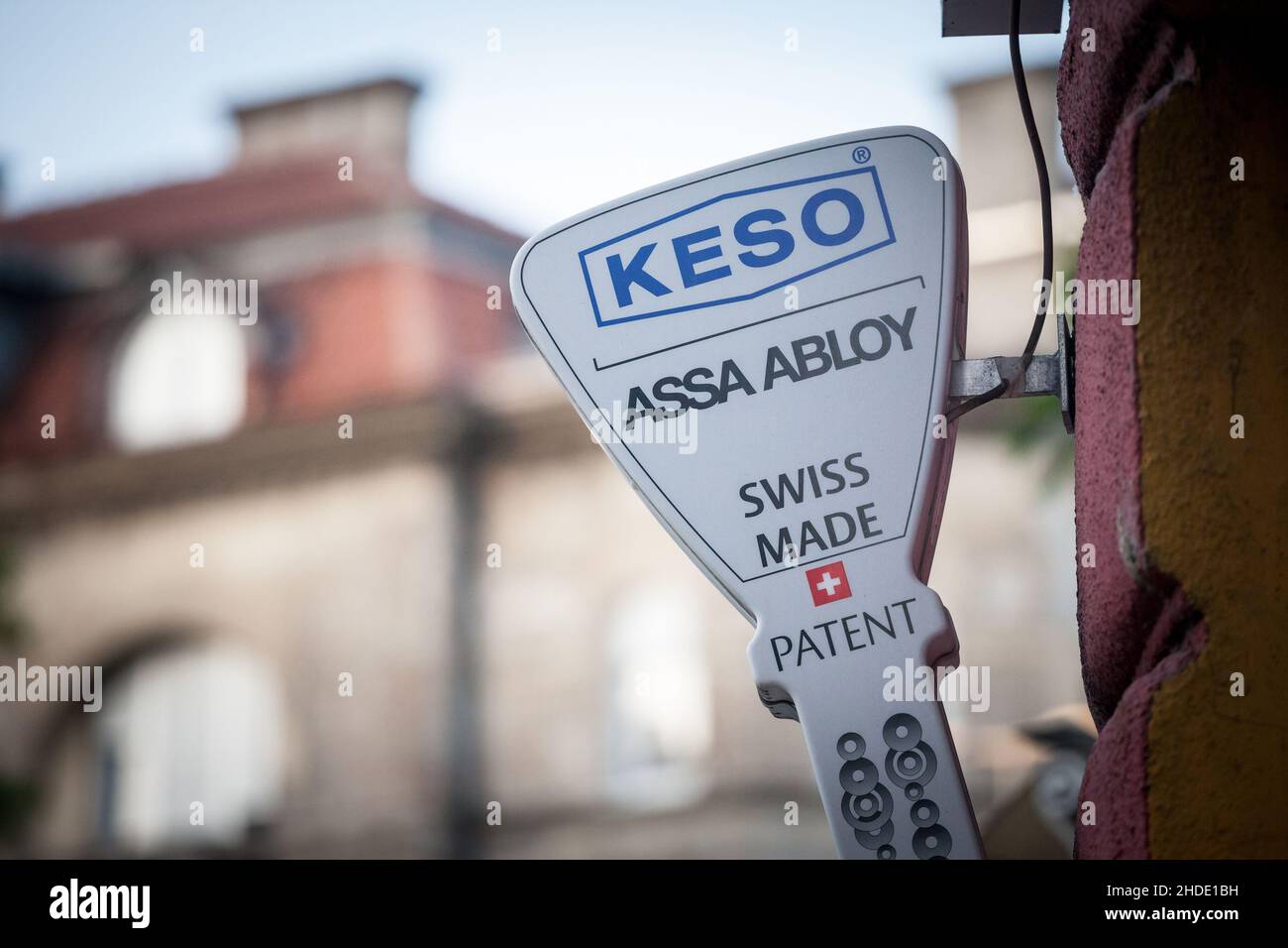 Picture of a sign on a giant key with the logo of Keso Assa Abloy in ...