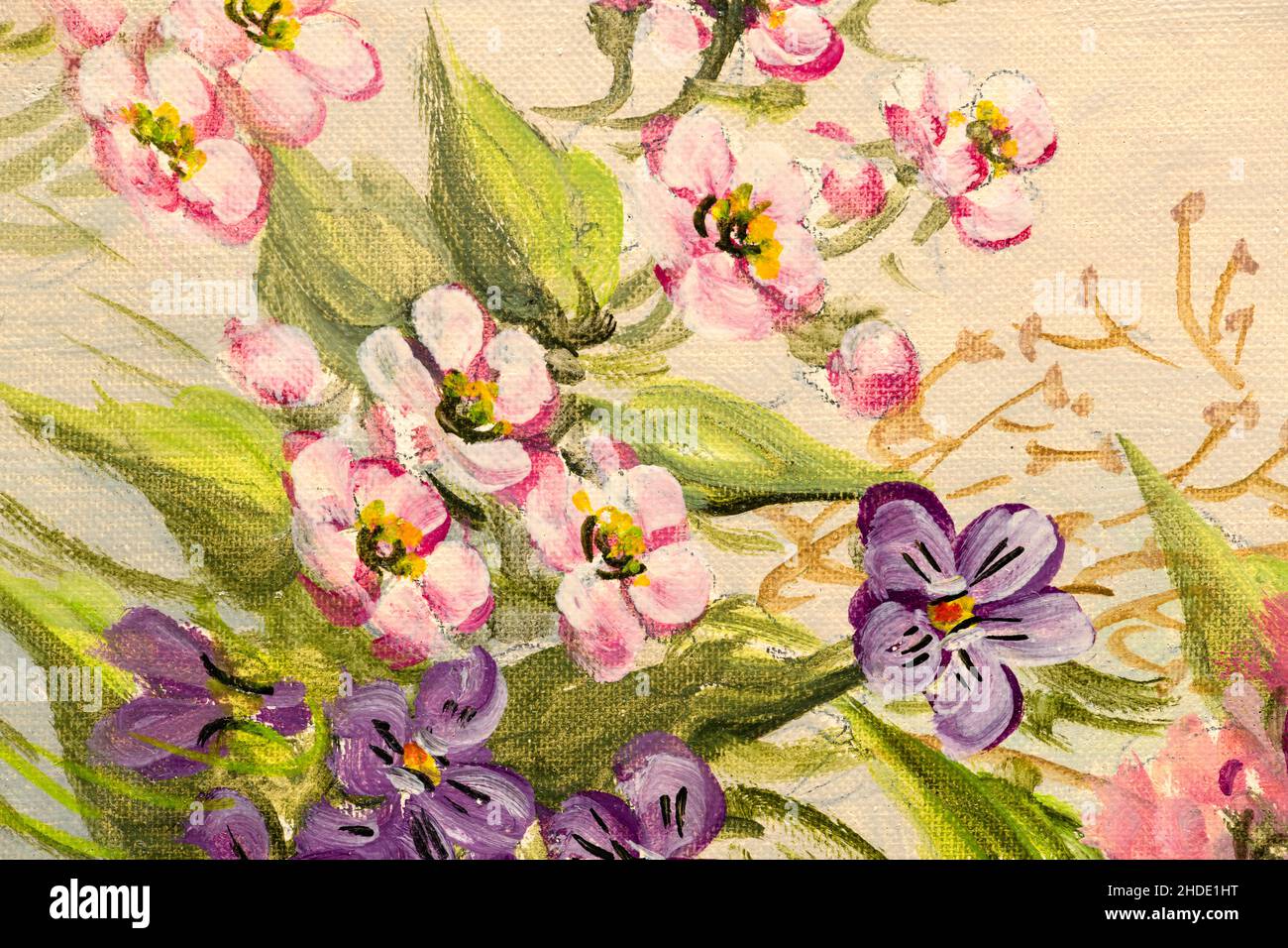 Detail of still life hand made oil painting depicting flowers on canvas ...