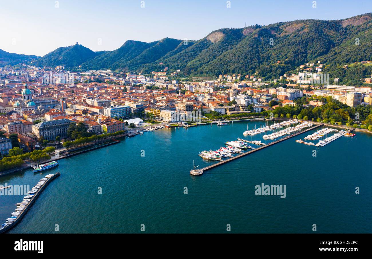 Aerial view of city center Como with embankment of lake Como Stock ...