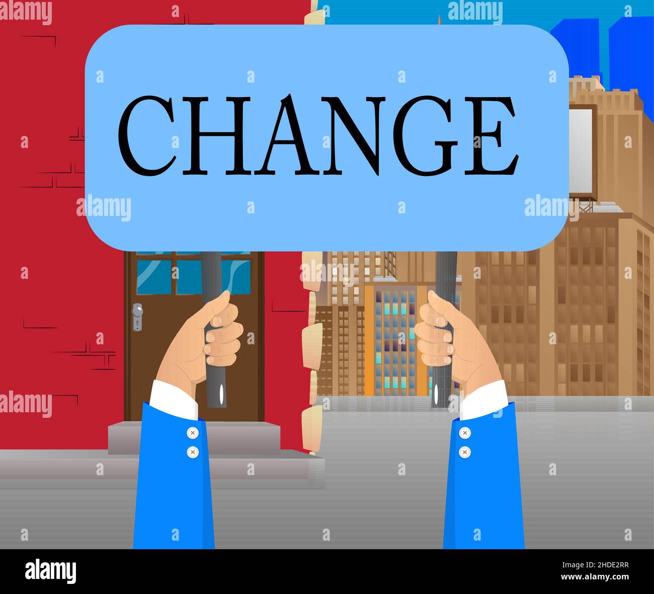 Hand holding banner with Change text. Changing work job life changes ...