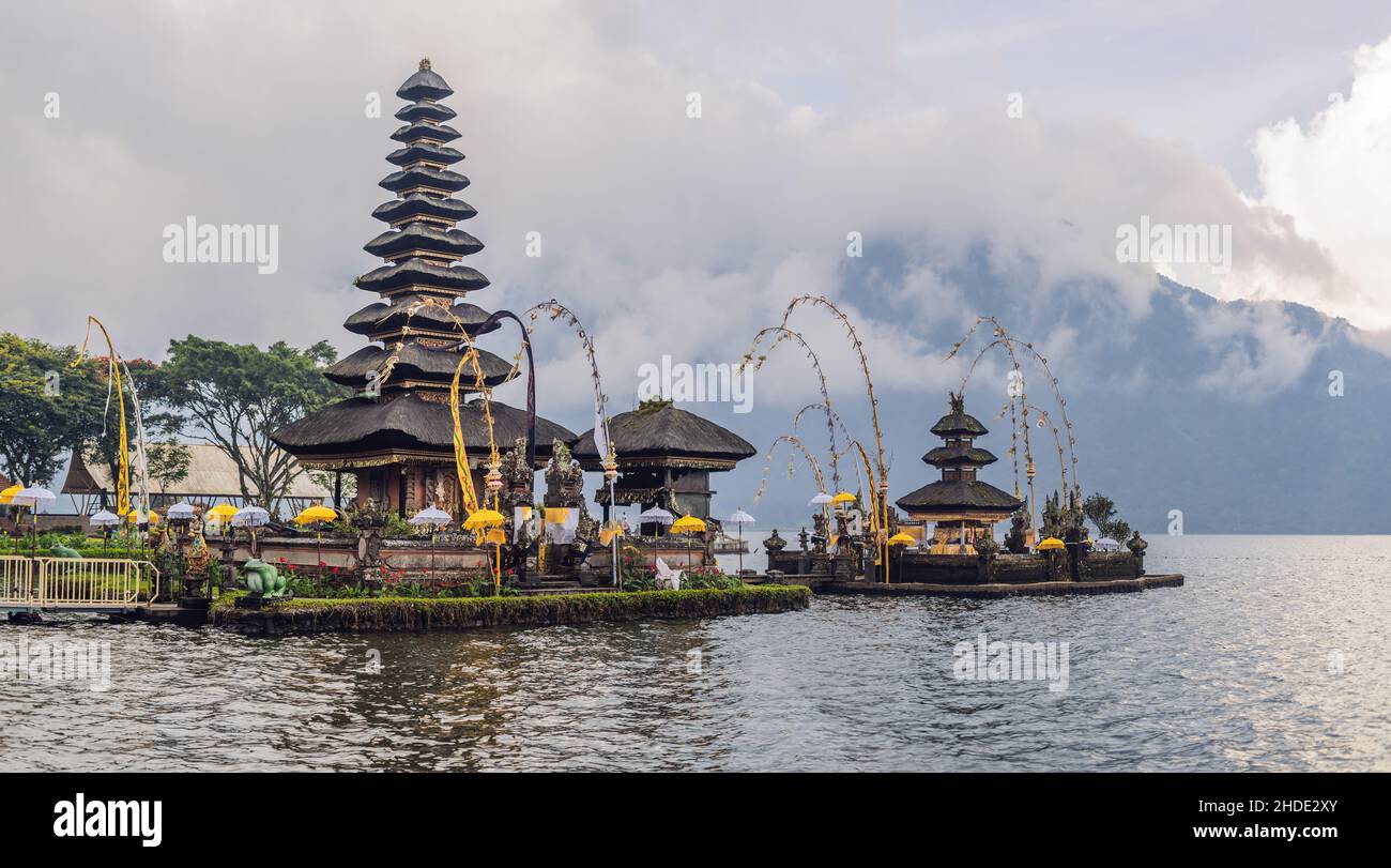 Pura Ulun Danu Bratan, Bali. Hindu temple surrounded by flowers on ...