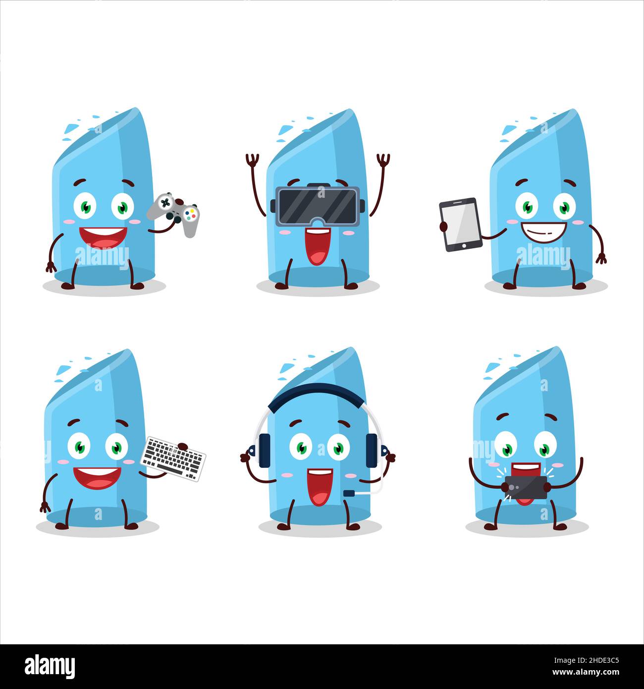 Blue chalk cartoon character are playing games with various cute ...