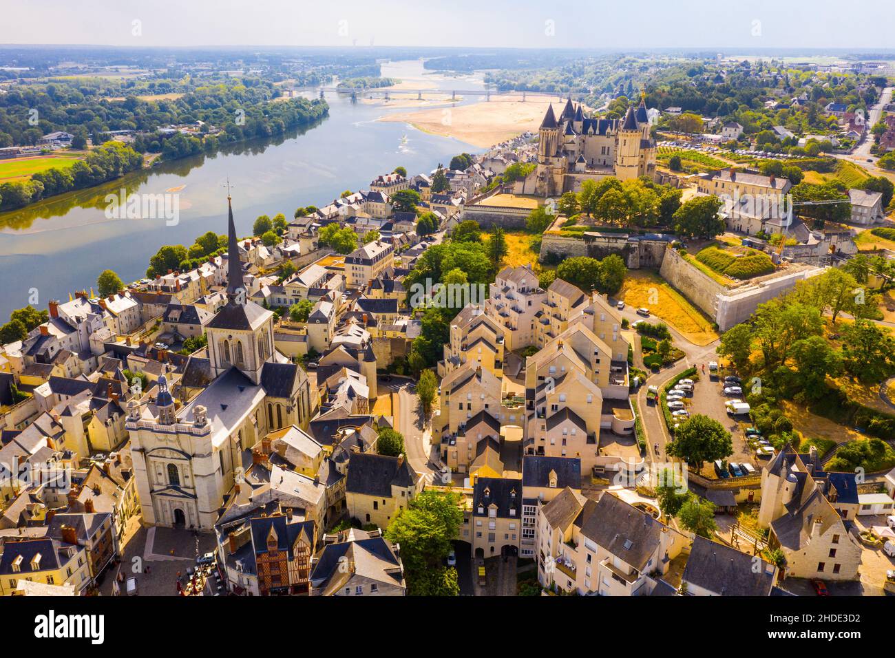 Fly over picturesque town of Saumur and medieval castle Saumur. France ...
