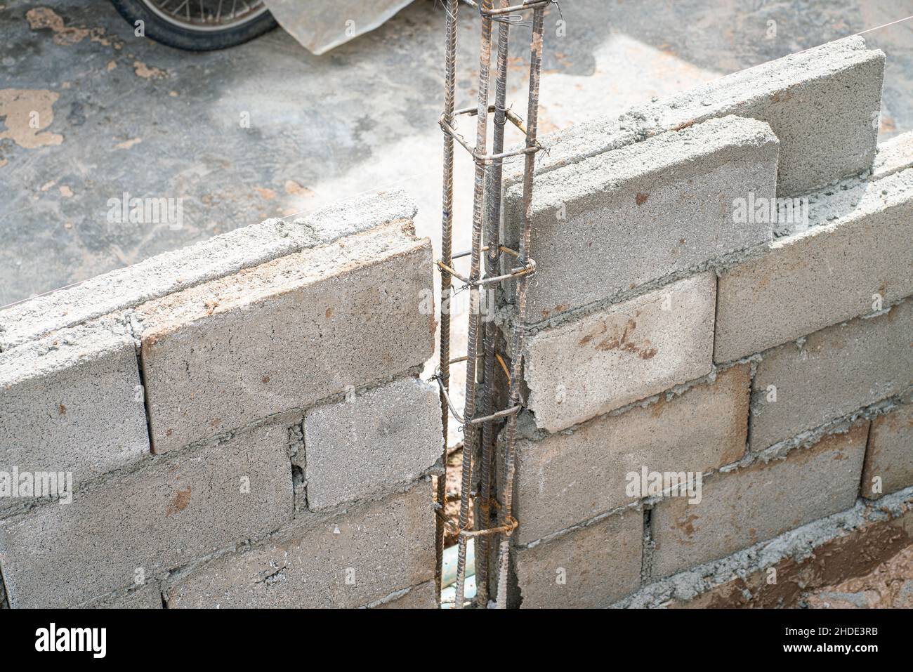 Cement concrete poll in construction site wall building new house ...
