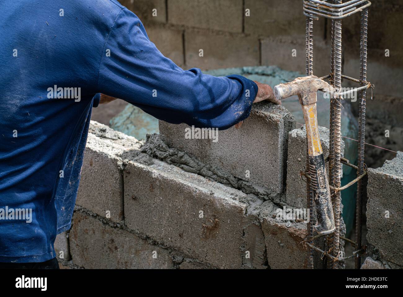 Cement concrete poll in construction site wall building new house ...