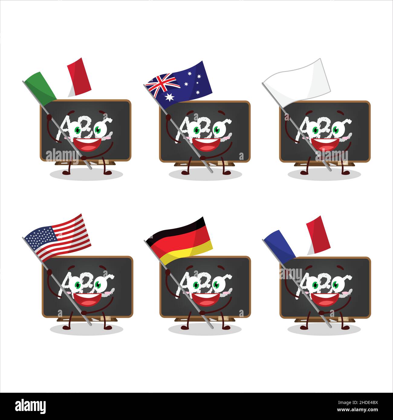 Chalkboard cartoon character bring the flags of various countries ...