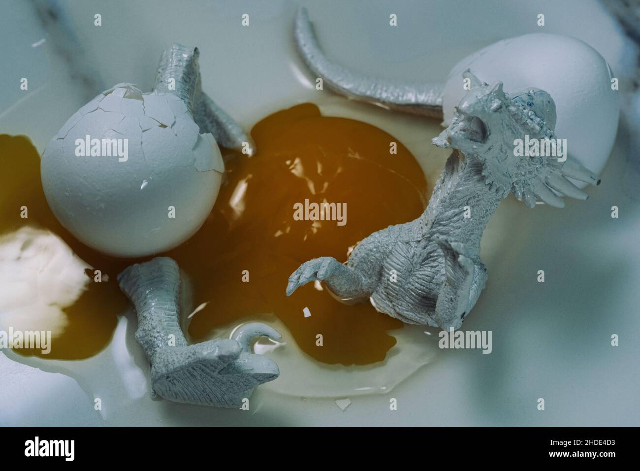 Creepy abstract hatched dead dinosaur egg with yoke concept Stock Photo ...