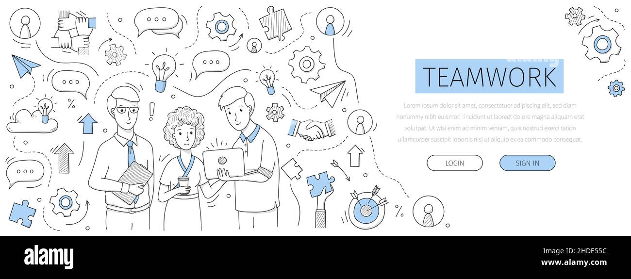 Teamwork landing page with doodle business people team and outline ...