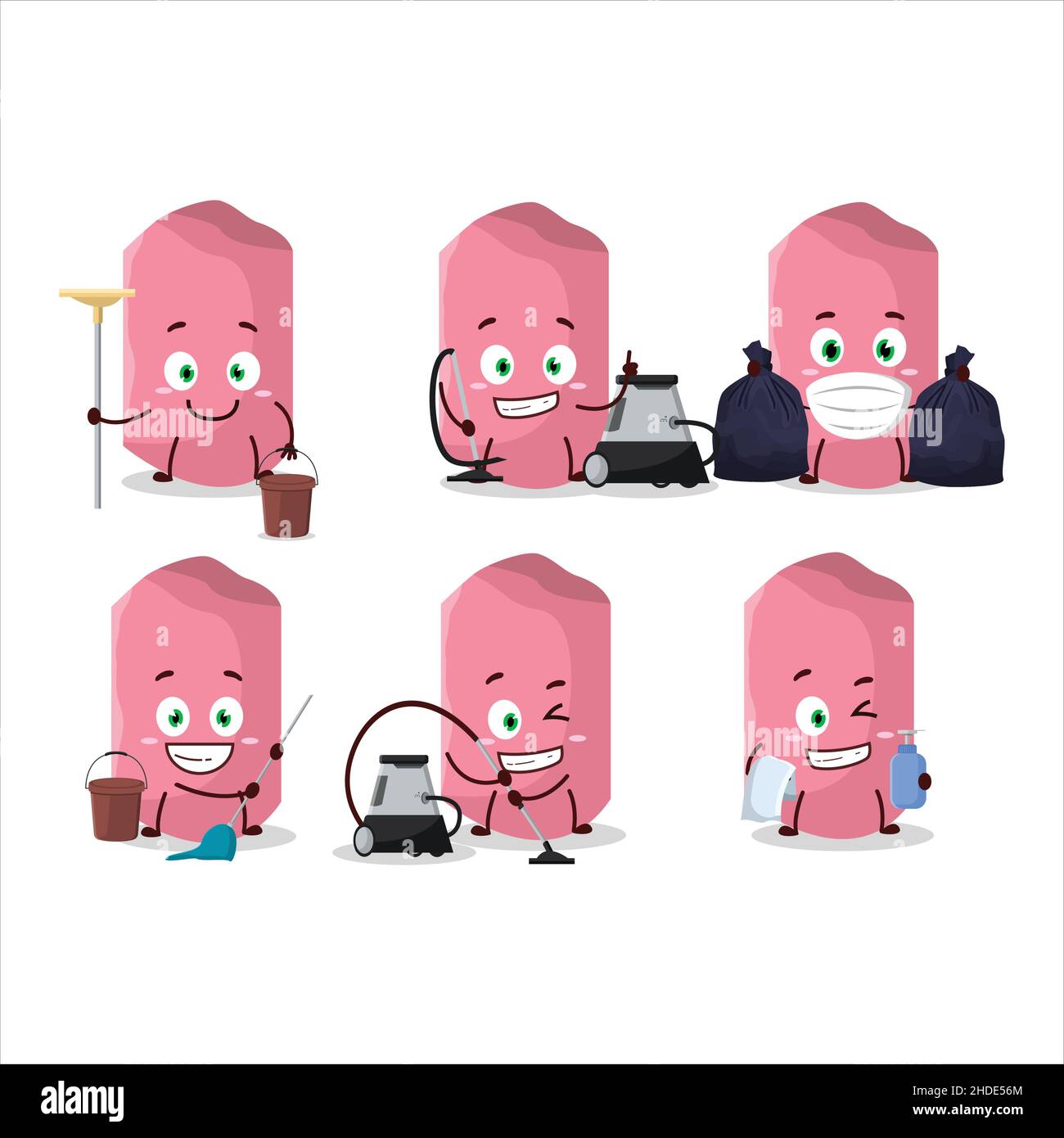 Cleaning service pink chalk cute cartoon character using mop. Vector ...