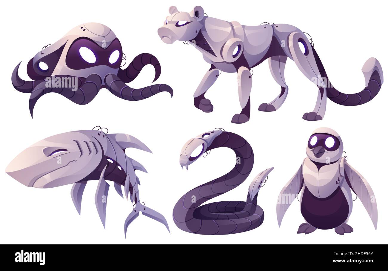 Robots animals octopus, shark, leopard, snake and penguin. Pets cyborgs ...