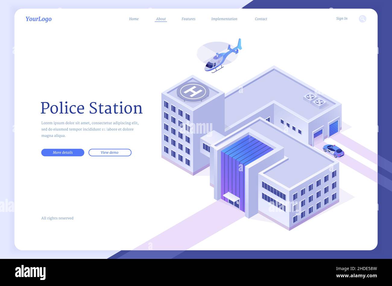 Police station banner with building facade, patrol car and chopper ...